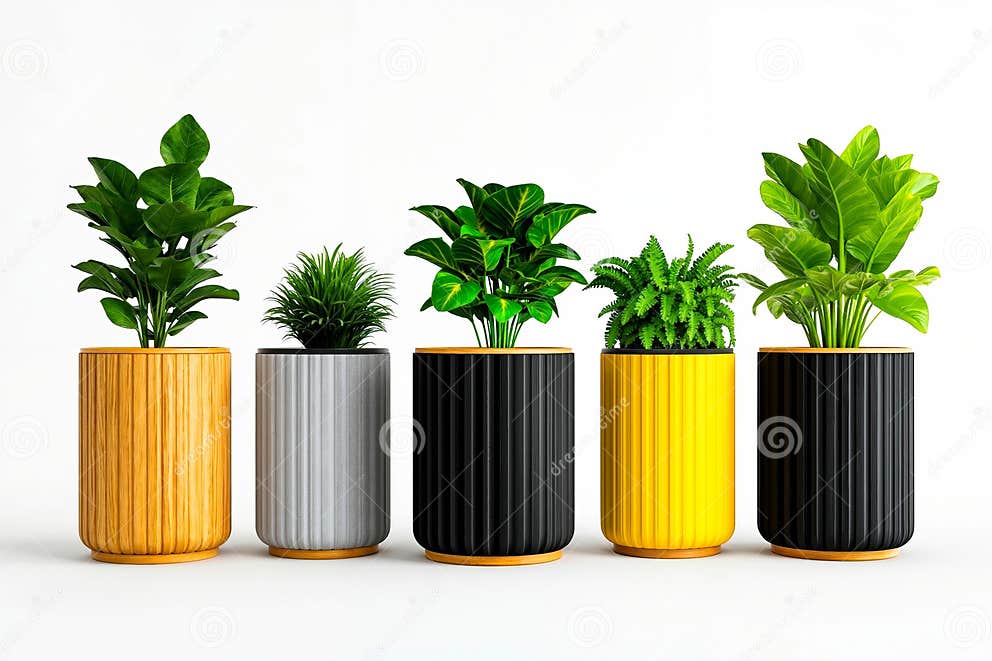 A Group of Four Different Colored Planters with Plants in Them Stock ...