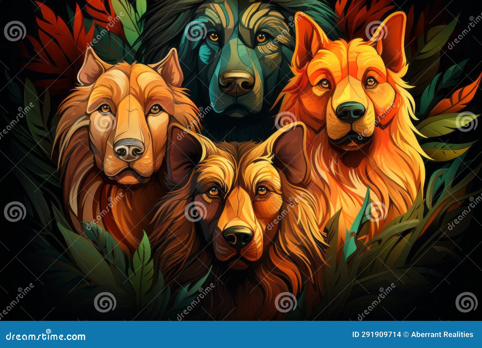 A Group of Four Dogs in the Jungle Stock Illustration - Illustration of ...