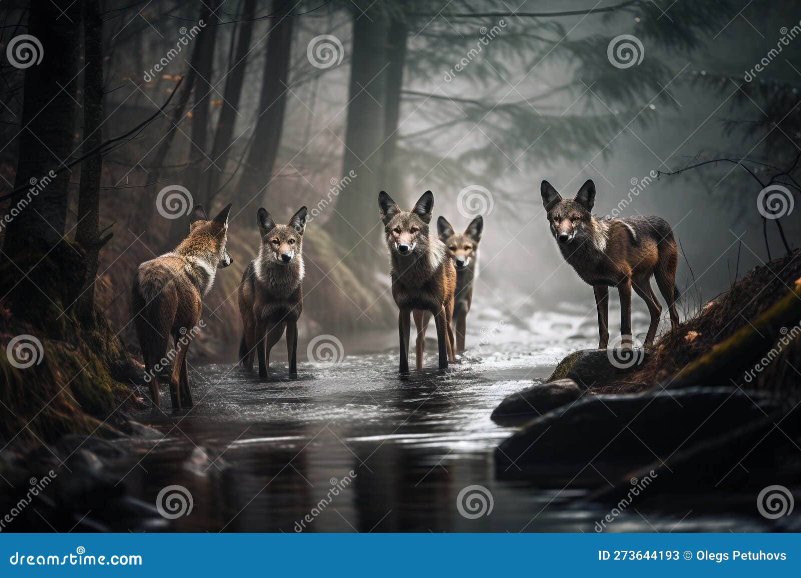 A Group of Four Foxes Standing on a River in a Forest Next To a Forest ...