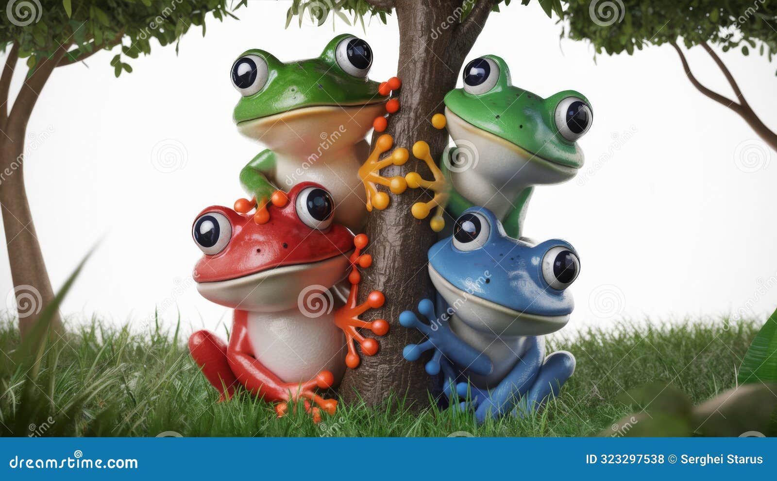 A Group of Four Frogs are Standing Around a Tree, AI Stock Photo ...