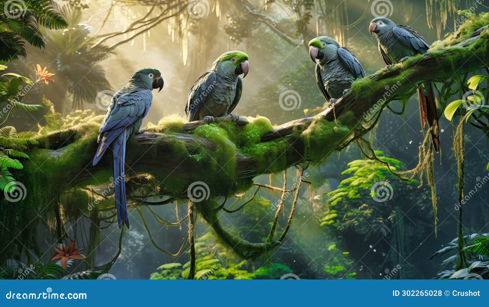 A Group of Four Parrots Sitting on a Branch in an Imaginative Jungle ...
