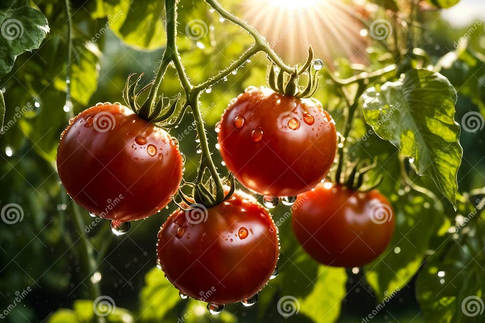Group of Four Red Tomatoes Hanging from Vine. Generative AI Stock Image ...