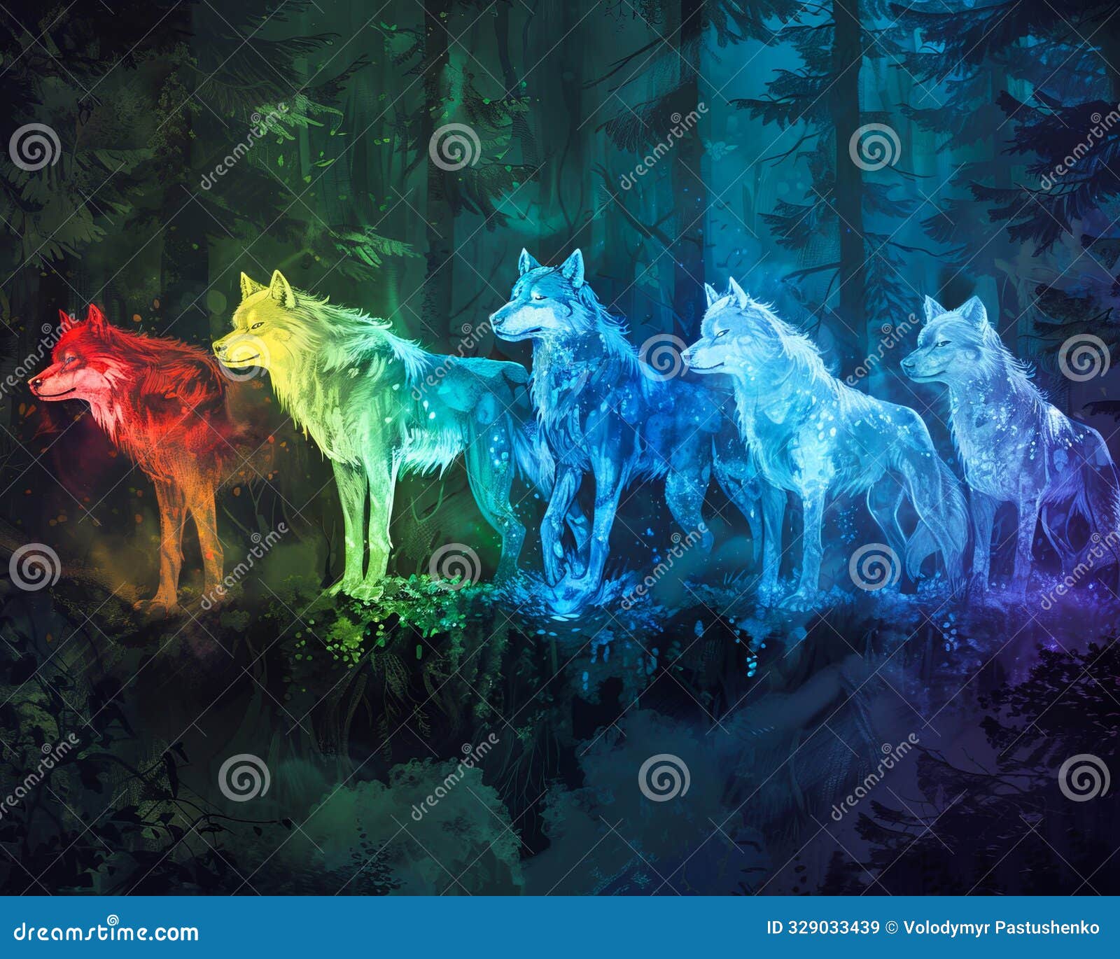 A Group of Four Wolves Standing in a Forest at Night Stock Image ...