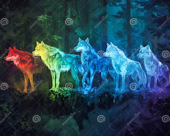 A Group of Four Wolves Standing in a Forest at Night Stock Image ...