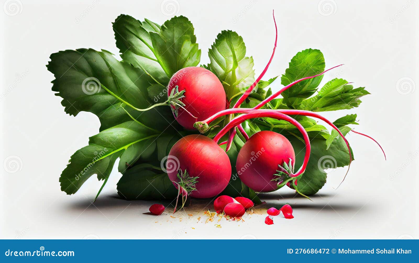 Group of Fresh Radish Bulbs with Leaves on White Background Generative ...