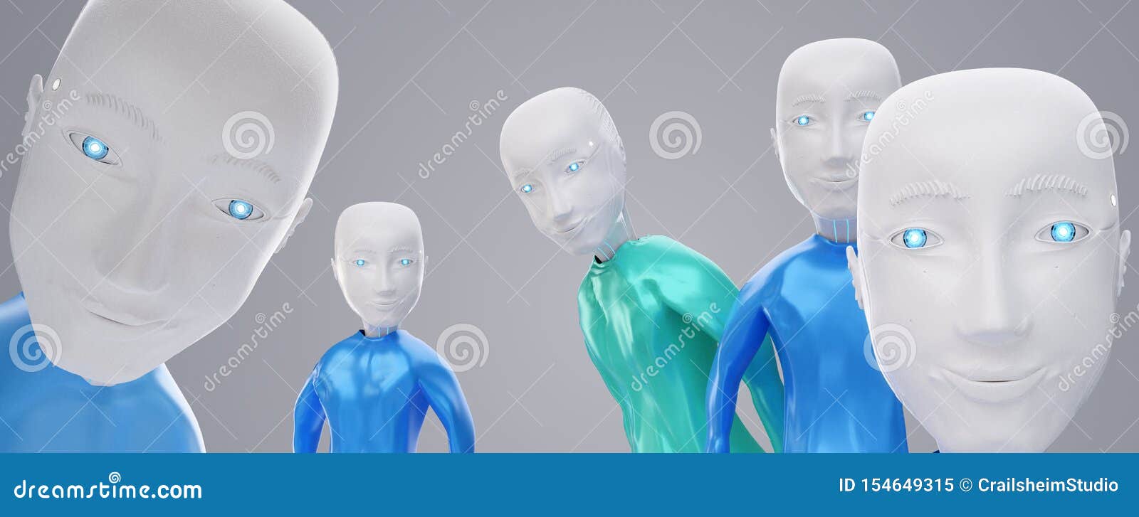 Group of Friendly and Happy Robots 3d-illustration Stock Illustration ...