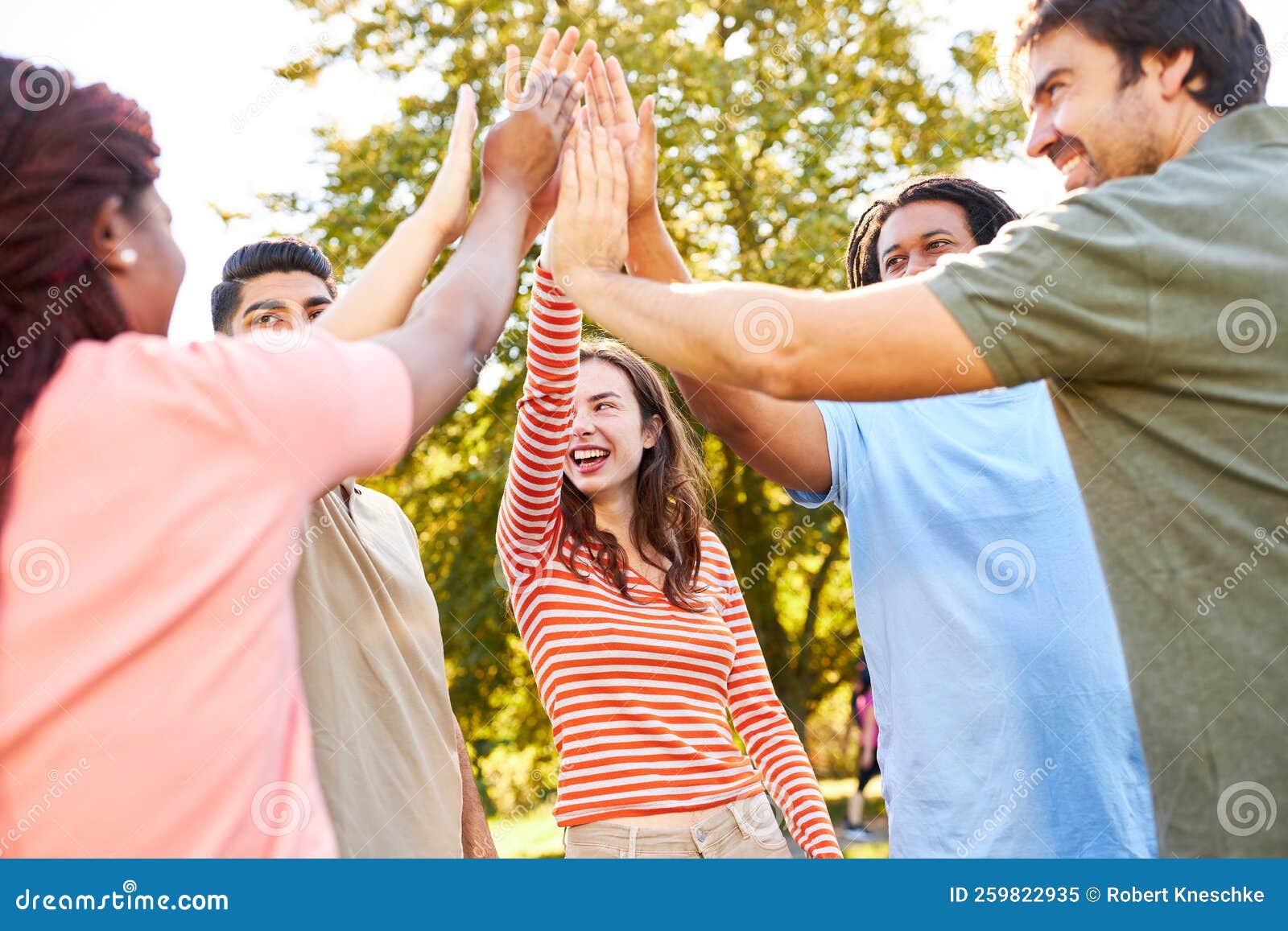 Group of Friends As a Team in Nature at the High Five Stock Image ...