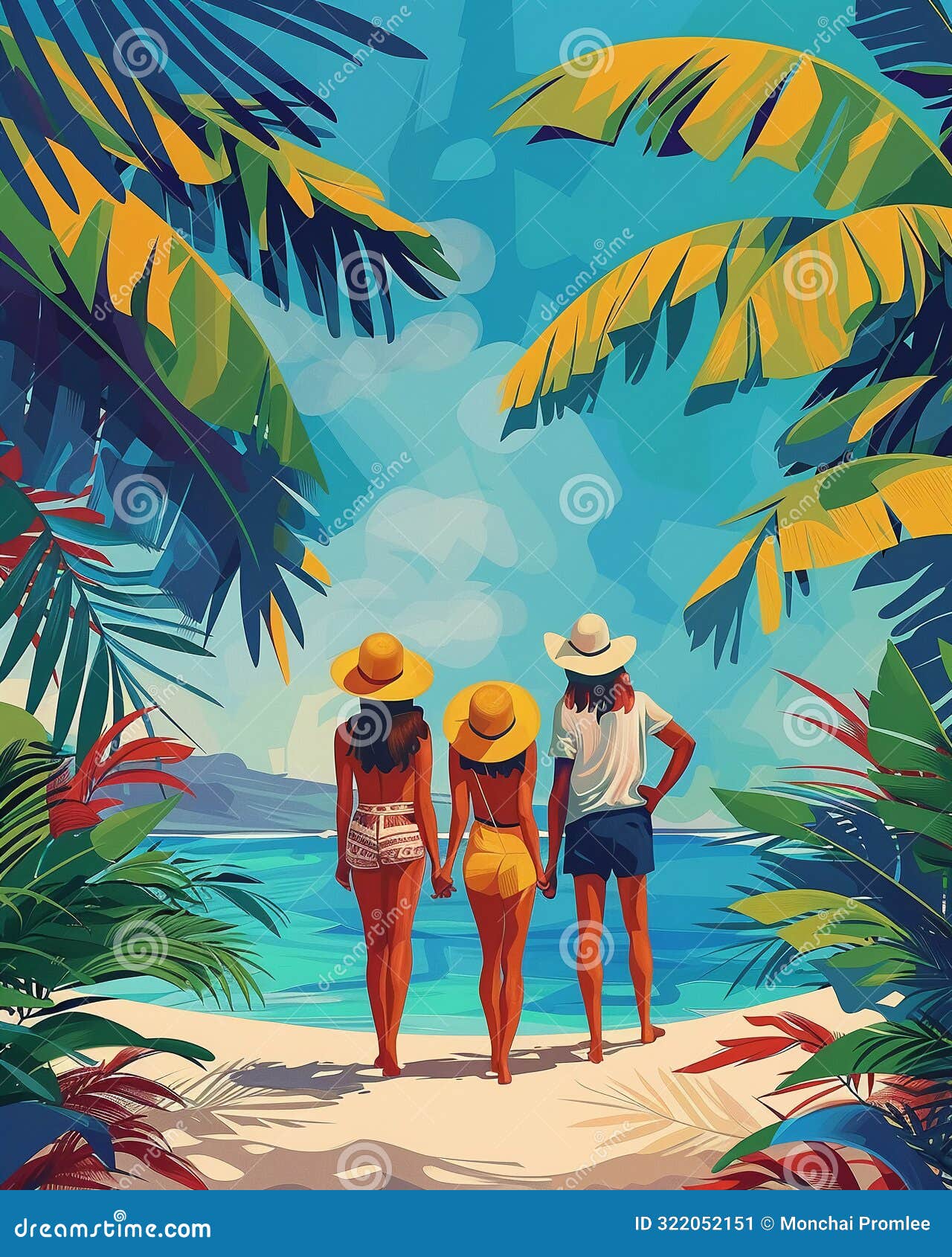 Group of Friends at a Beach Outing Flat Design Front View Tropical ...