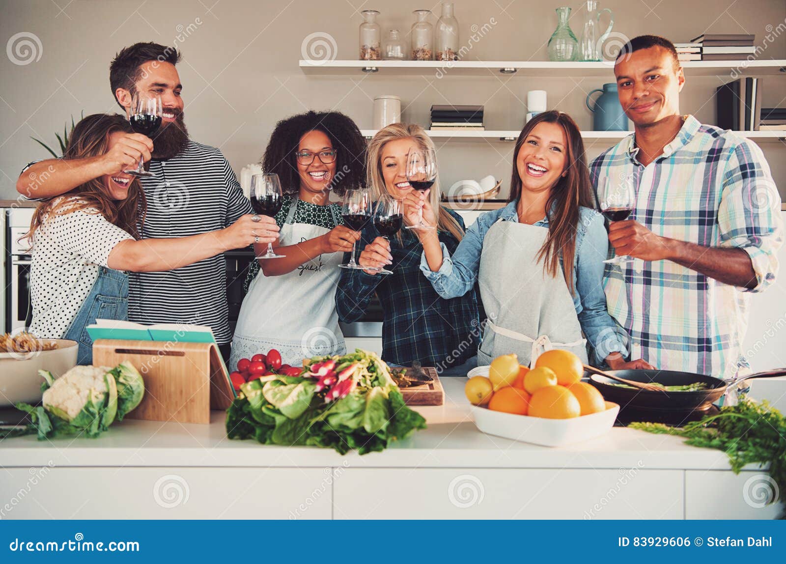Group of Friends Cheering at Kitchen. Stock Photo - Image of culinary ...