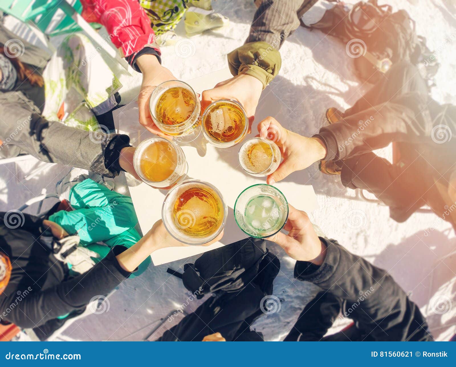 Group of Friends Drinking Beer on Break at Ski Stock Image - Image of ...
