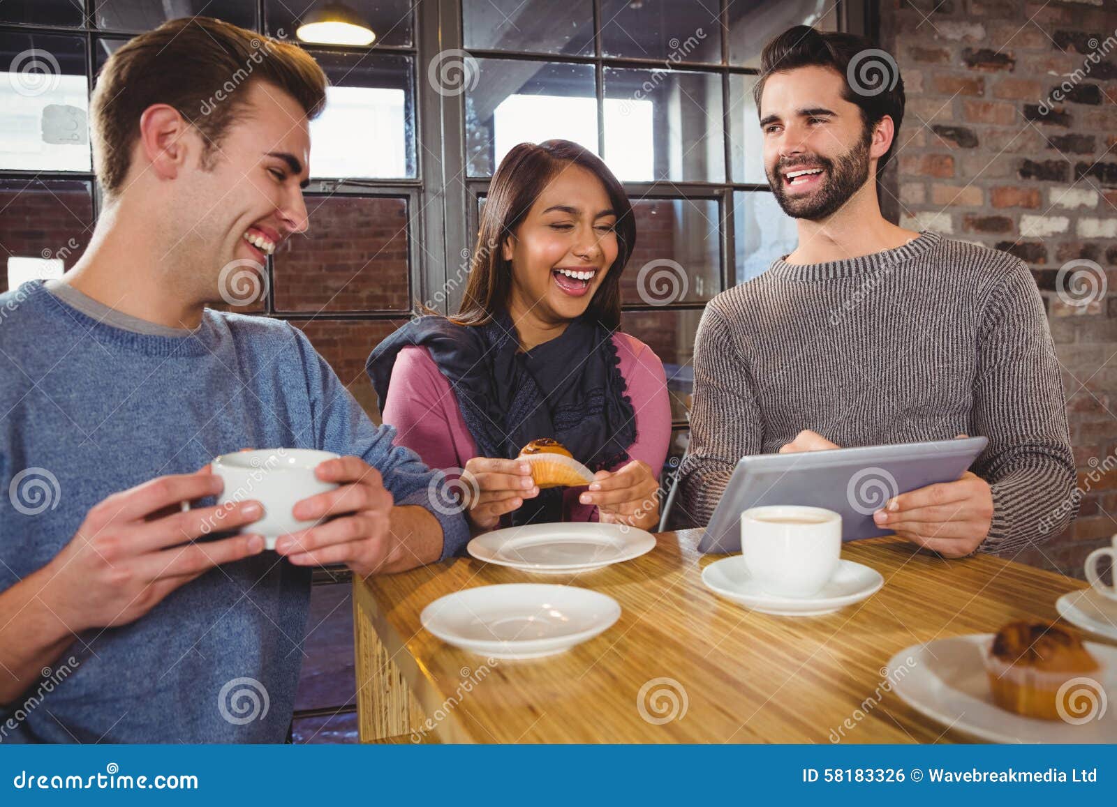 Group of Friends Enjoying a Dessert with Tablet Stock Photo - Image of ...