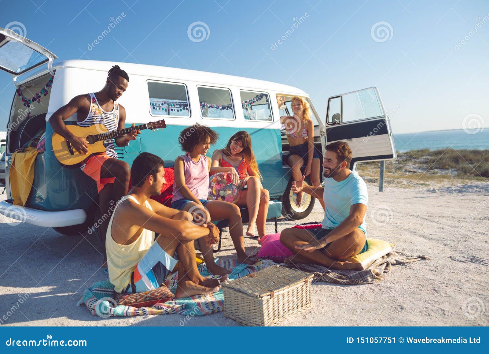 Group of Friends Having Fun Near Camper Van at Beach Stock Image ...