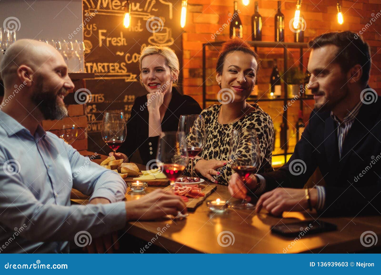 Group of Friends Having Fun Talk Behind Bar Counter in a Cafe Stock ...