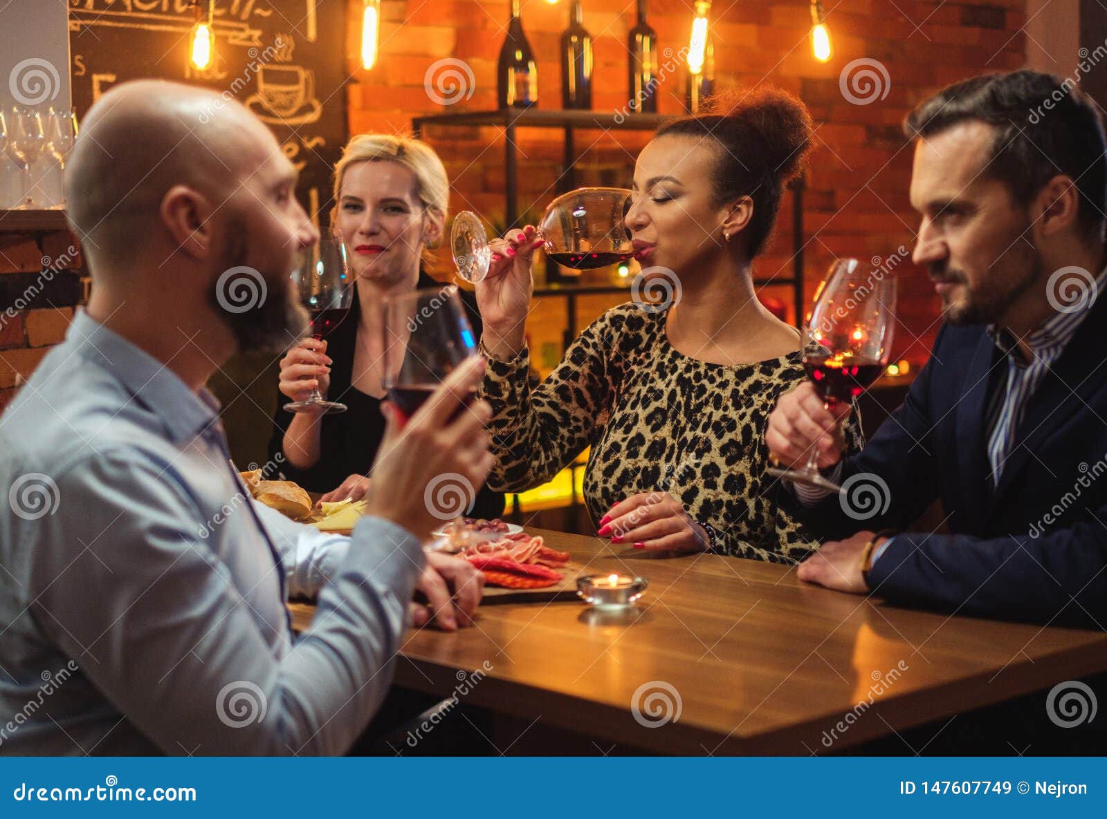 Group of Friends Having Fun Talk Behind Bar Counter in a Cafe Stock ...