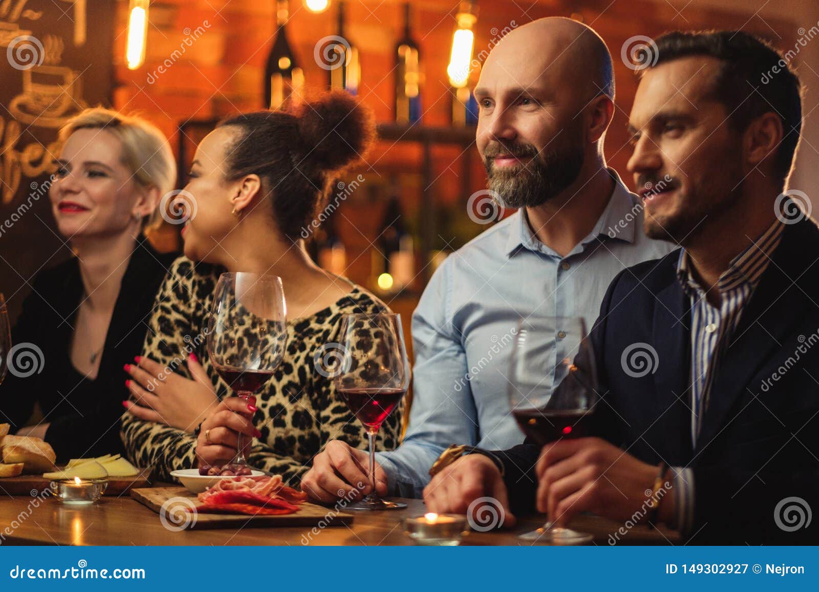 Group of Friends Having Fun Talk Behind Bar Counter in a Cafe Stock ...