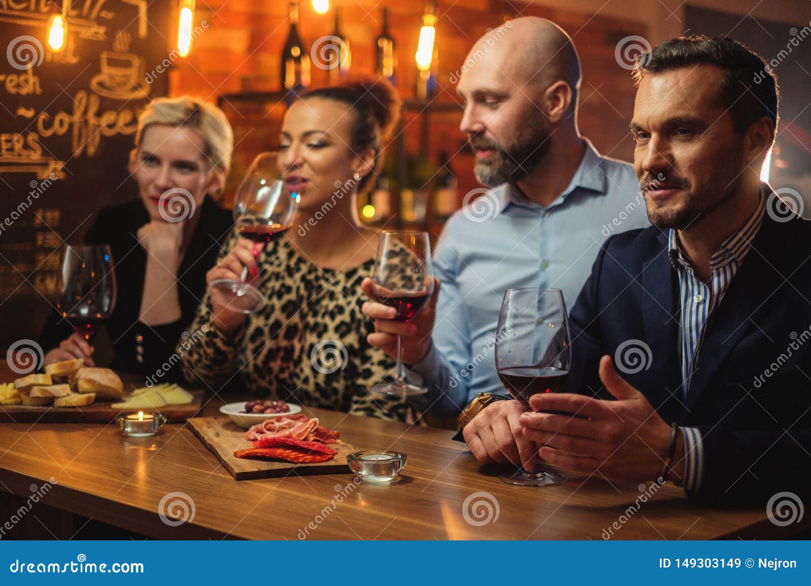 Group of Friends Having Fun Talk Behind Bar Counter in a Cafe Stock ...