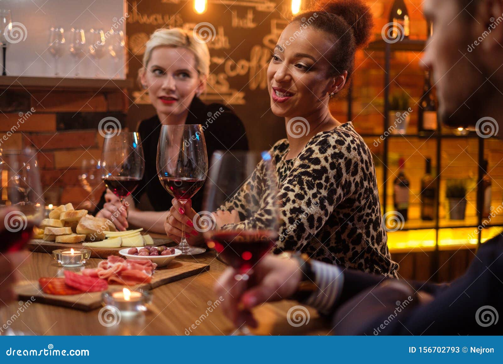 Group of Friends Having Fun Talk Behind Bar Counter in a Cafe Stock ...