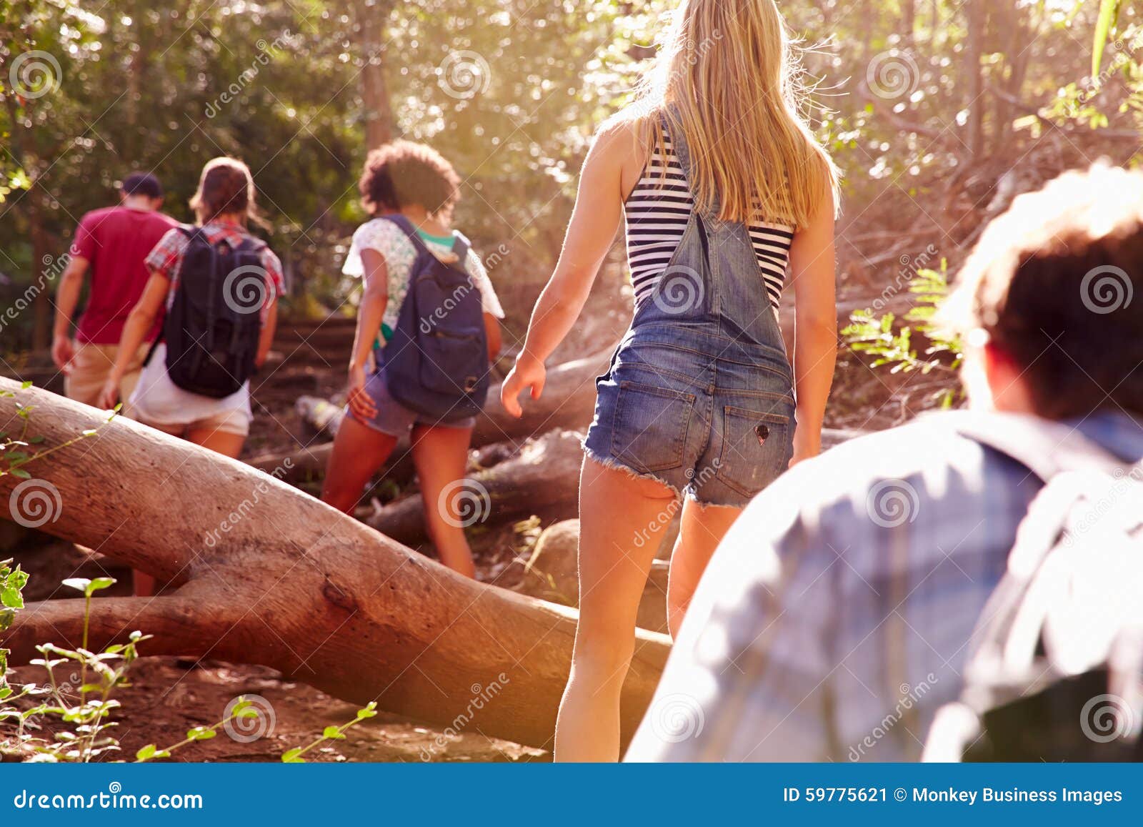 Group of Friends Jumping Over Tree Trunk on Countryside Walk Stock ...