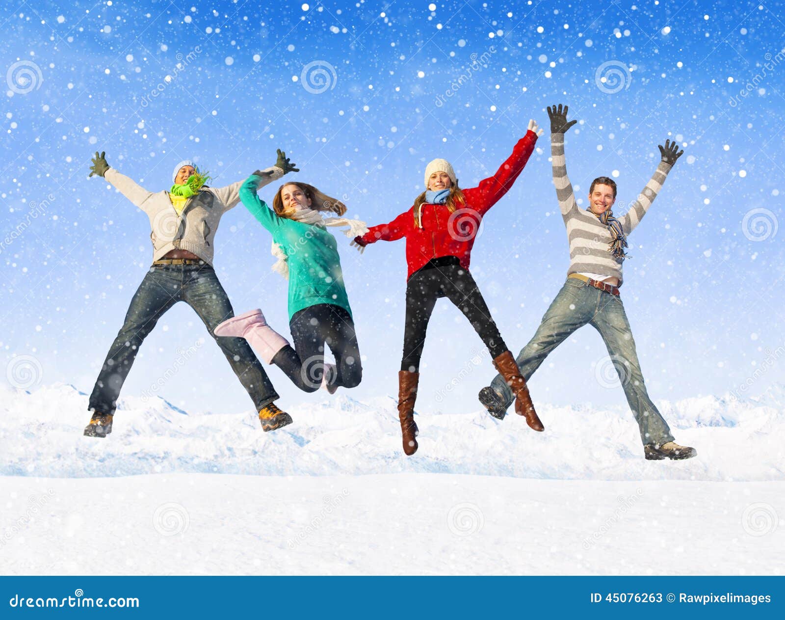 Group of Friends Jumping in the Snow Stock Image - Image of scarf ...