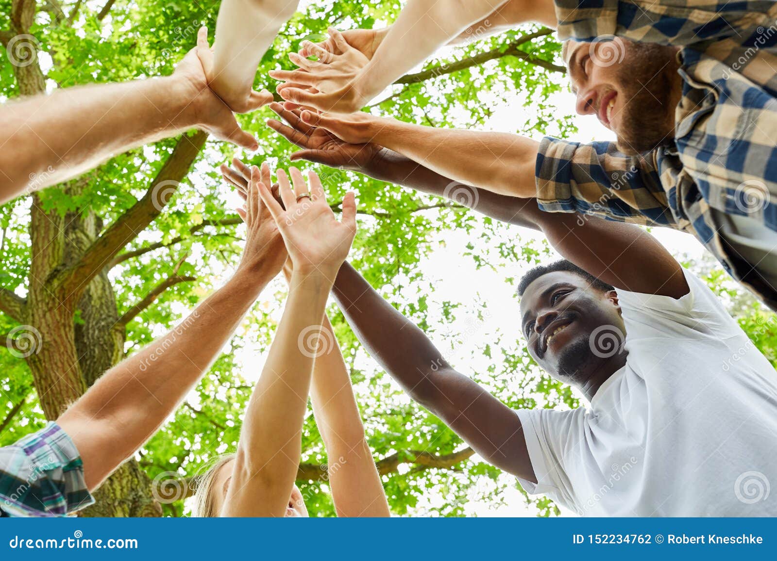 Group of Friends Makes High Five Support Stock Photo - Image of outside ...