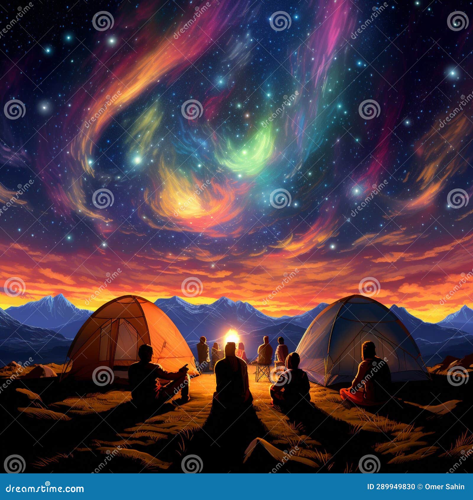 A Landscape Of A Campsite With A Brown Tent Over Green Grasslands At ...