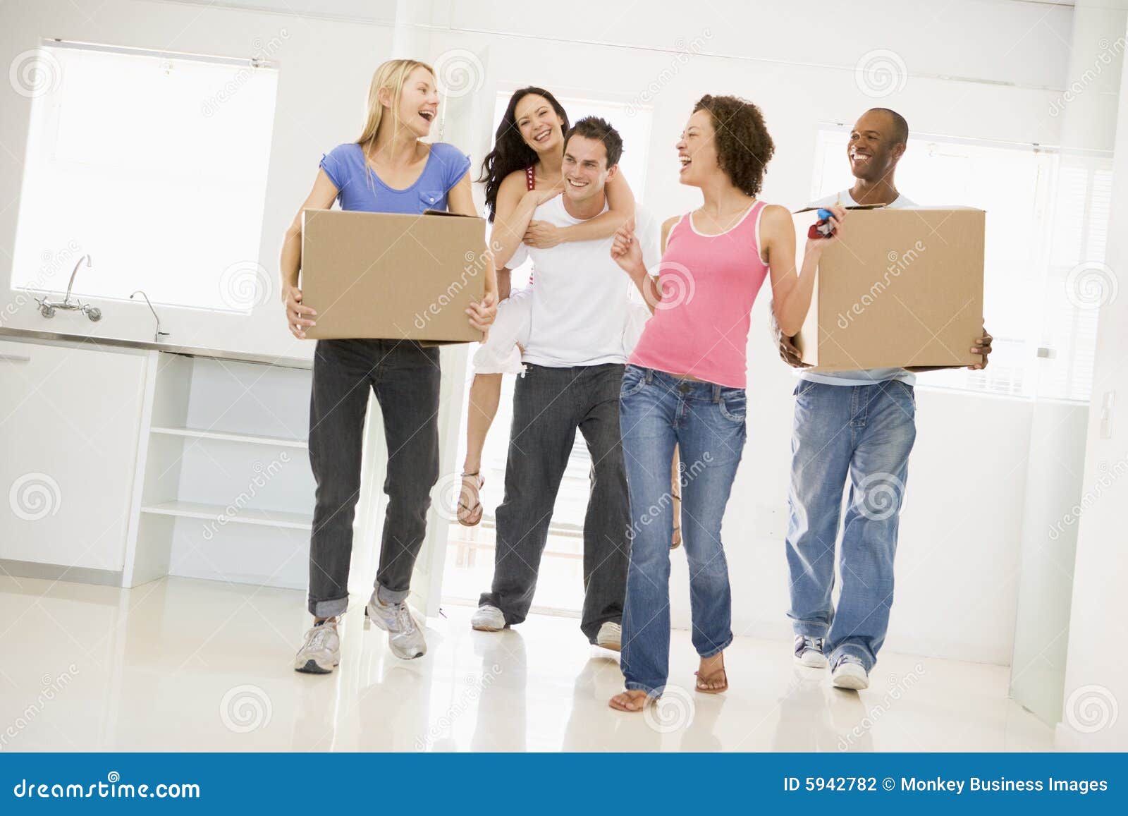 Group of Friends Moving into New Home Stock Photo - Image of horizontal ...