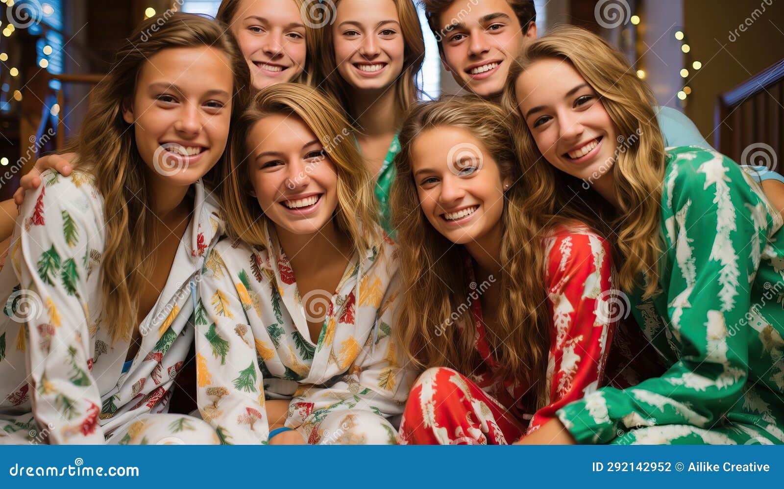 Group of Friends in Pajamas Smiling at Camera in the Room Stock ...