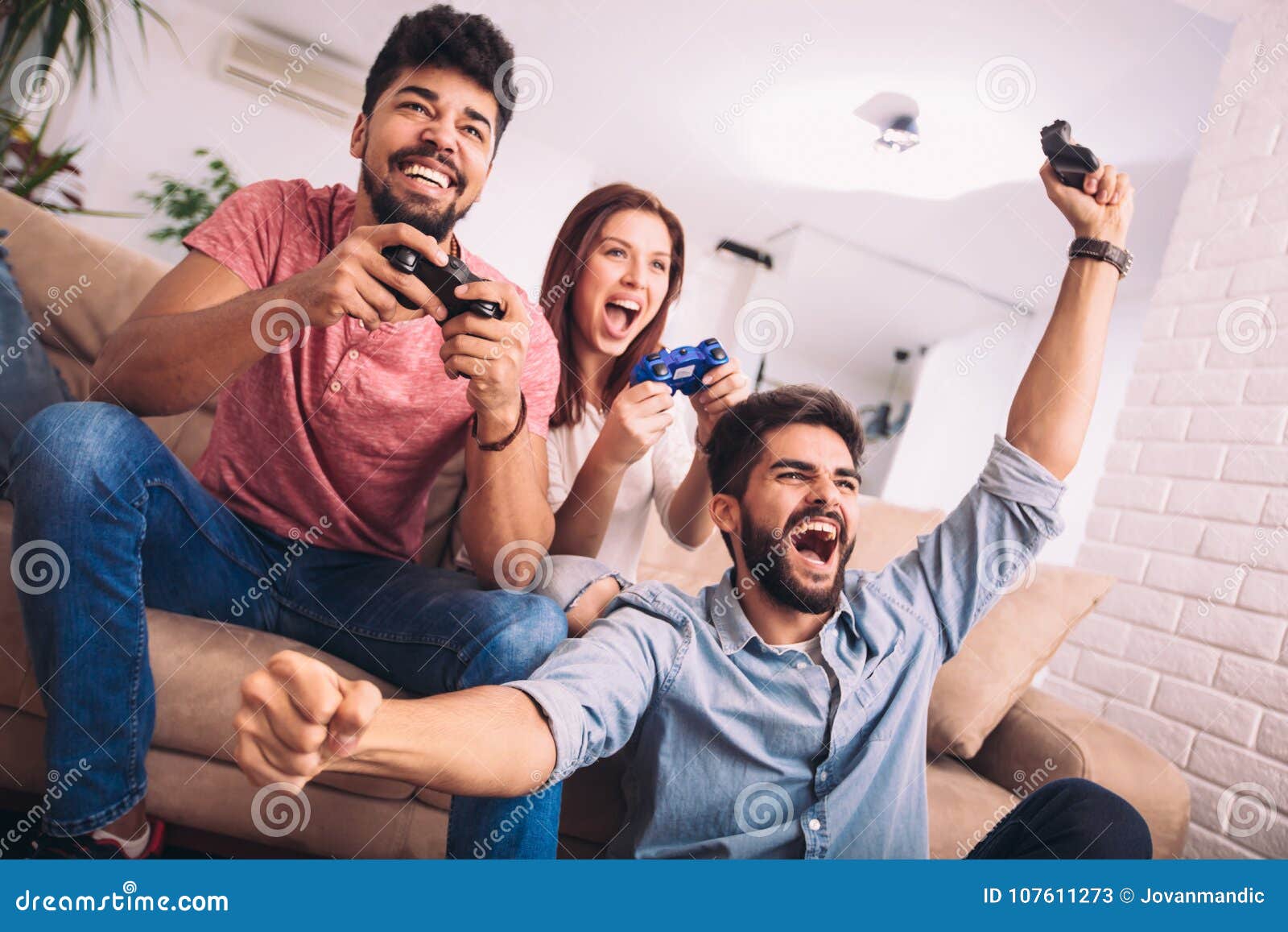Group of Friends Play Video Games Stock Image - Image of female, home ...