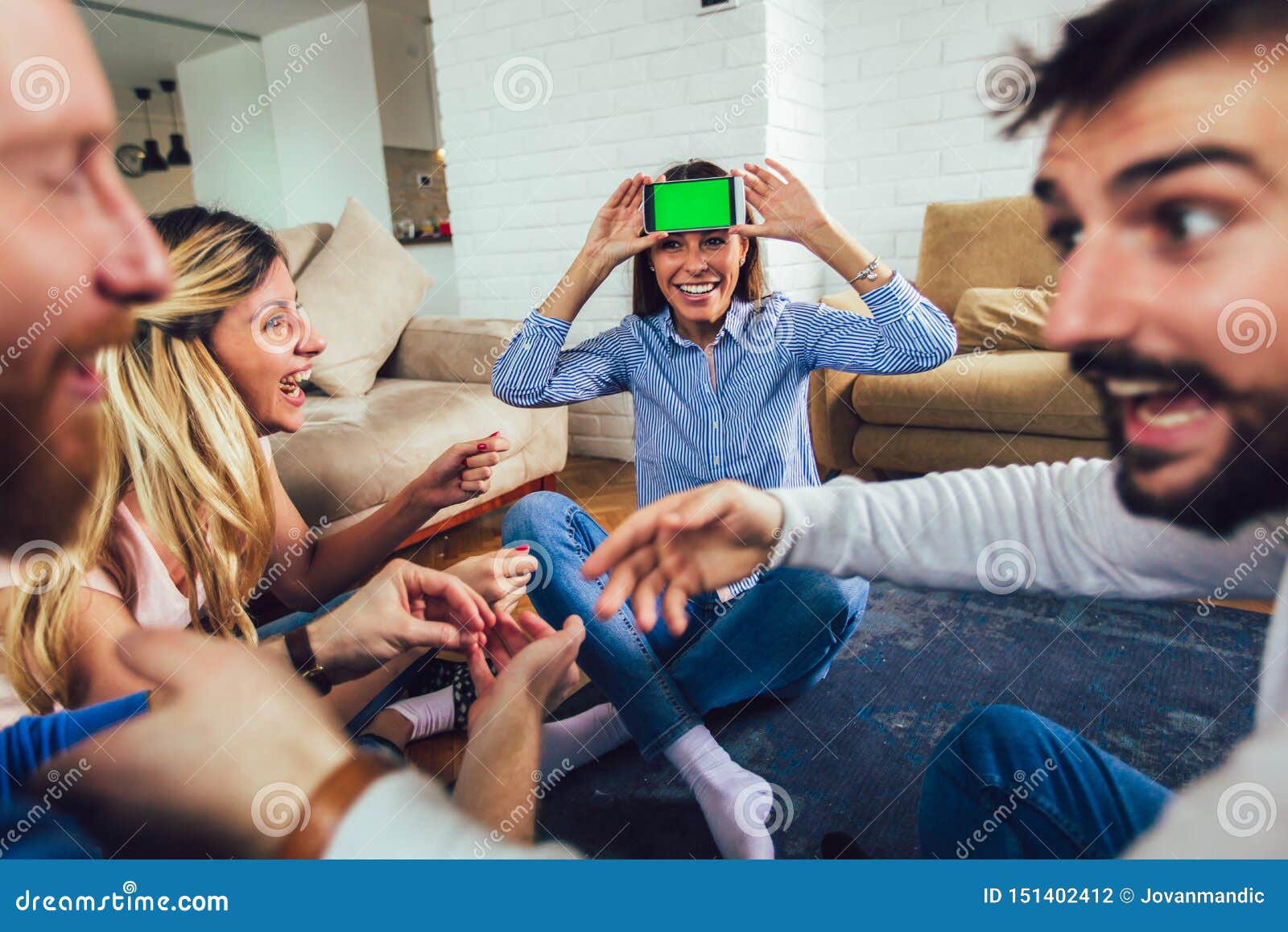 Group of Friends Playing Charades at Home Stock Photo - Image of guess ...