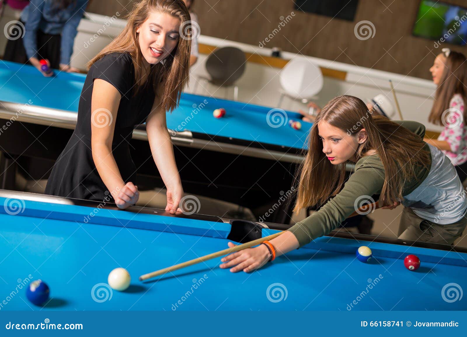 Group of Friends Playing Pool Together. Stock Image - Image of girl ...