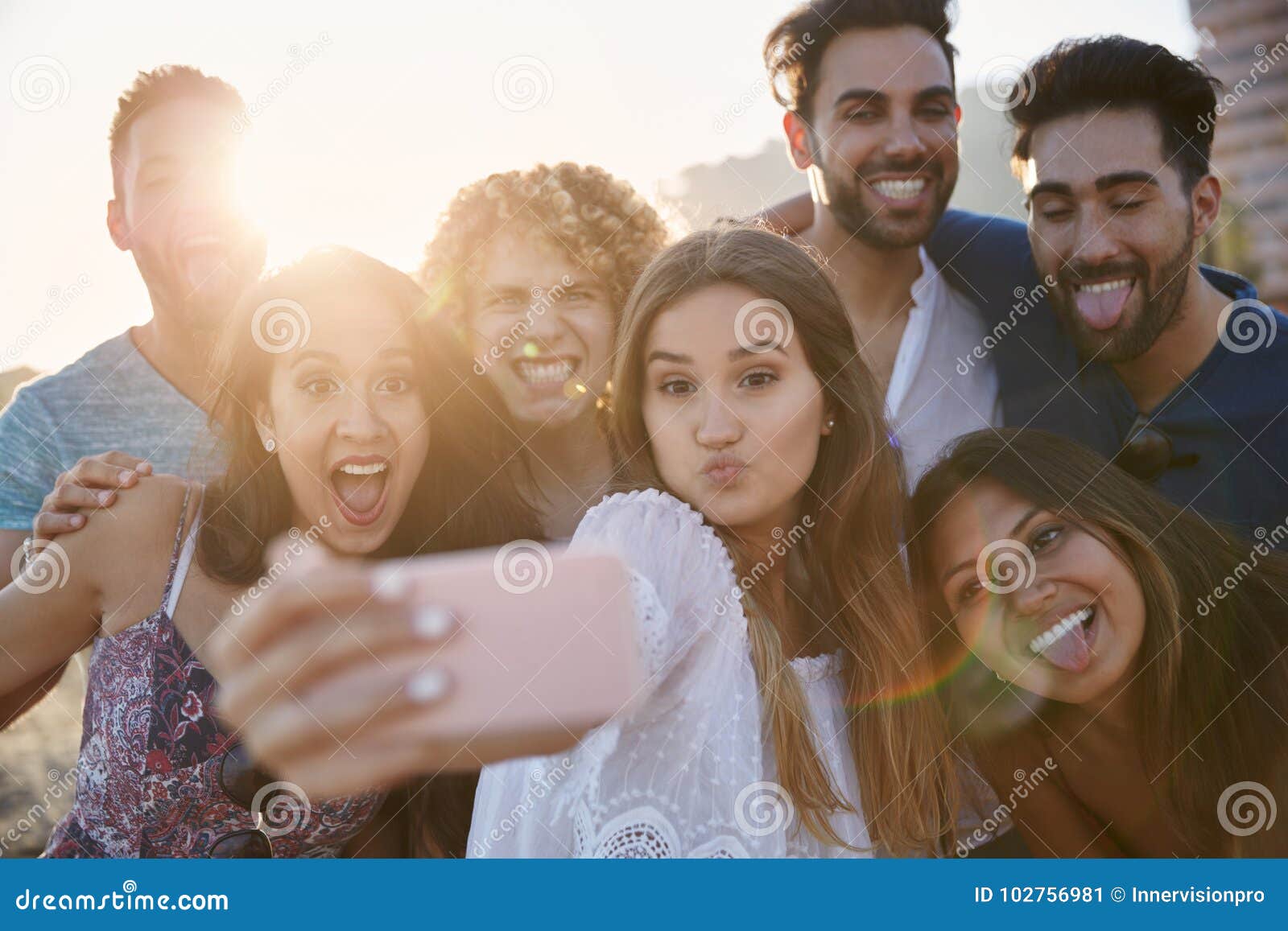 Group of Friends Pulling Faces To Selfie Together Stock Image - Image ...