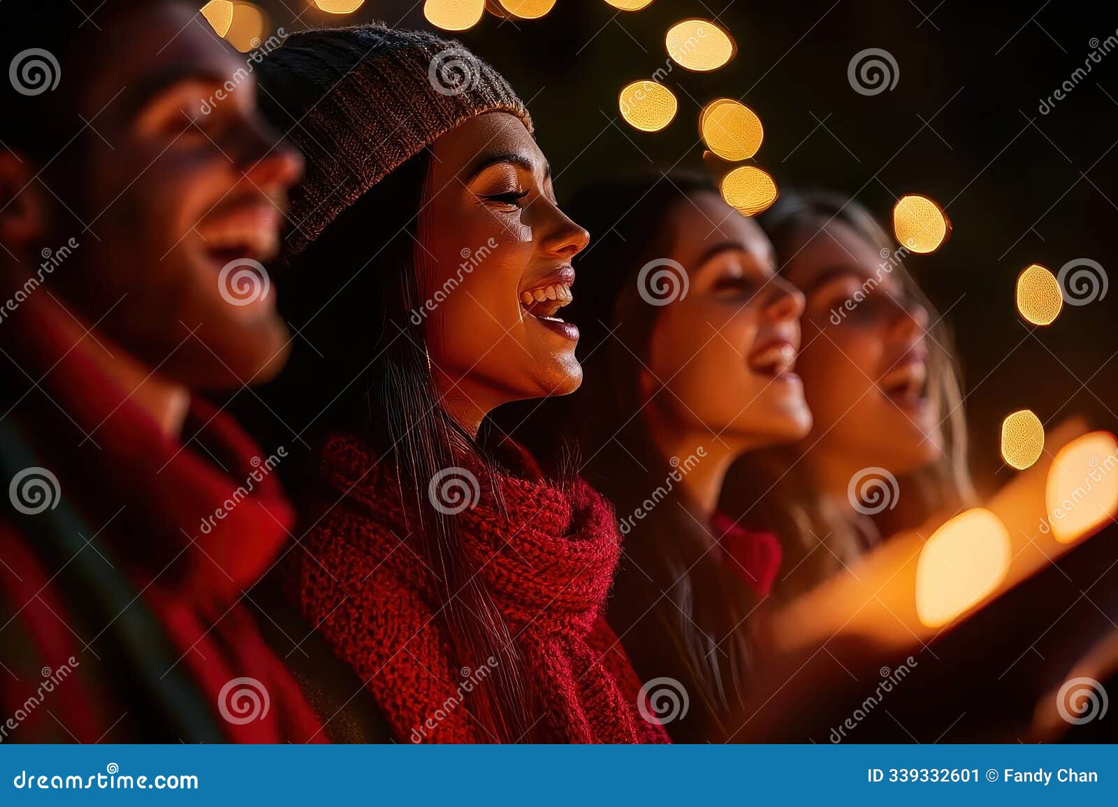 Group of Friends Singing and Laughing Under String Lights Stock ...