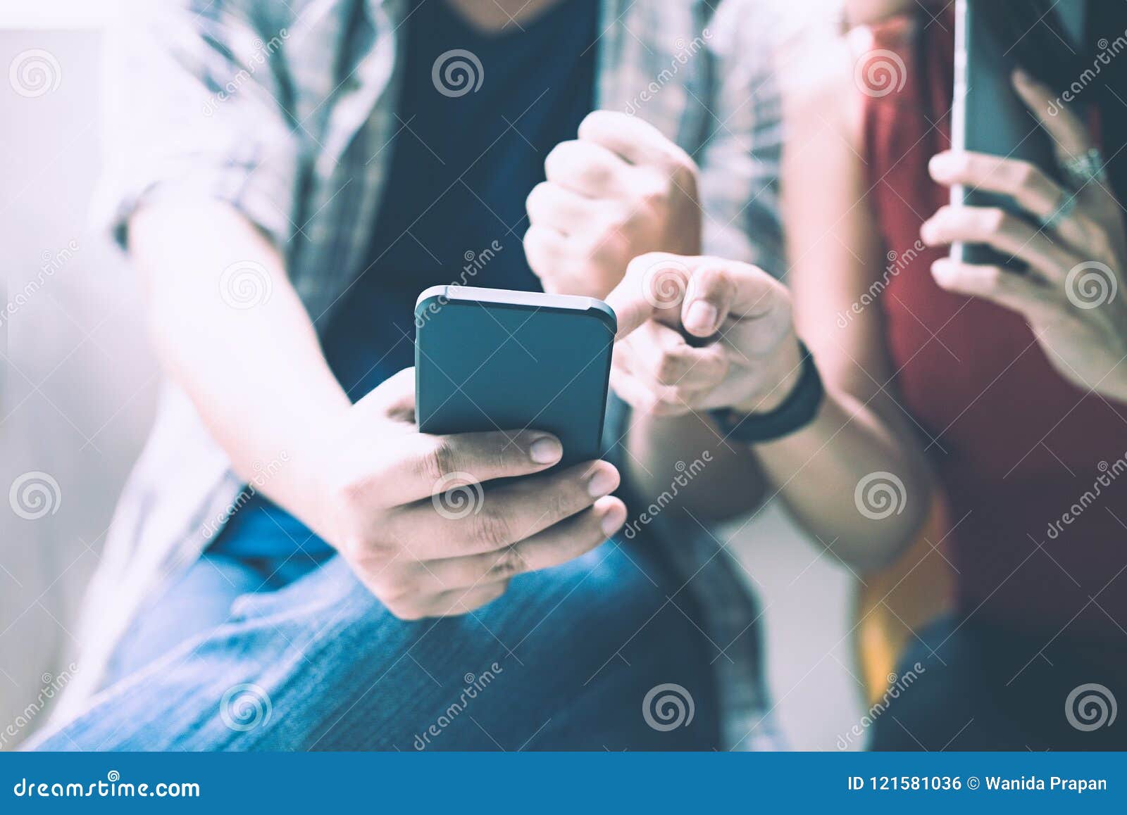 Group Friends Sitting and Using Smartphone for Connection Technology ...