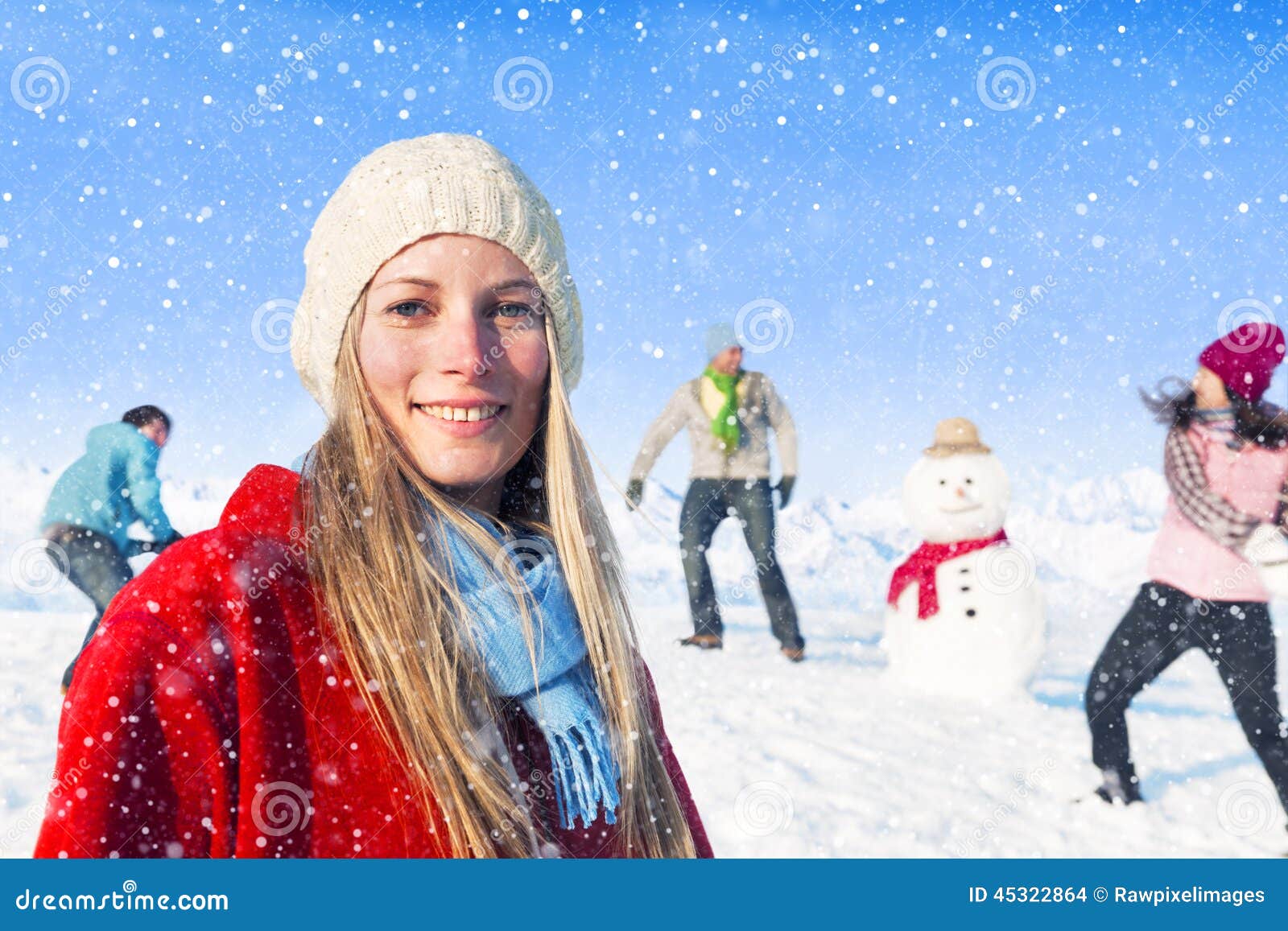 Group of Friends with a Snowman Stock Photo - Image of snow, camera ...