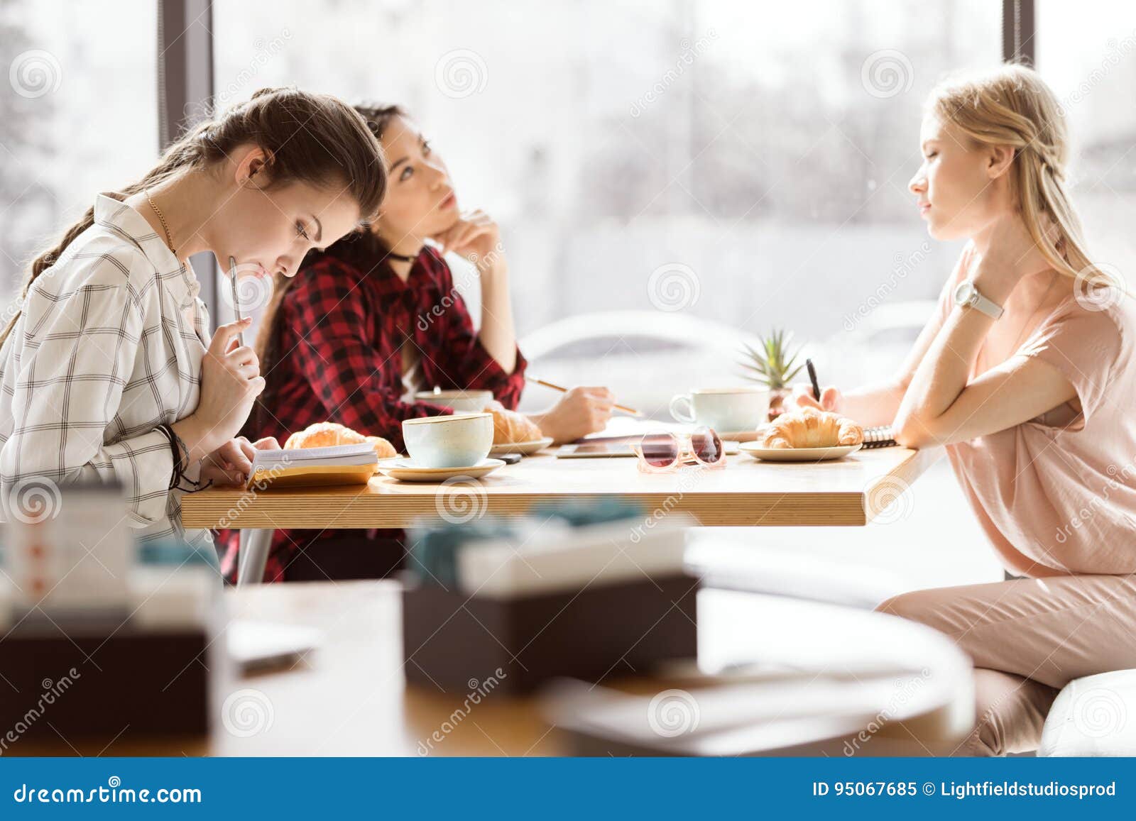 Group of Friends Study Together in Cafe Stock Image - Image of cups ...