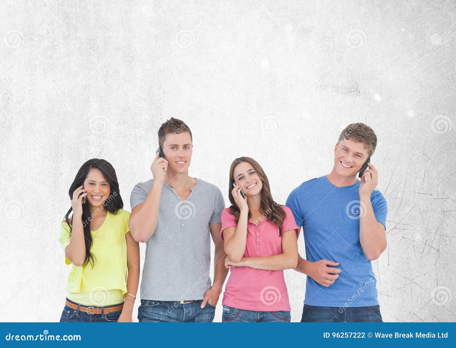 Group of Friends Talking on Phones in Front of Blank Grey Background ...