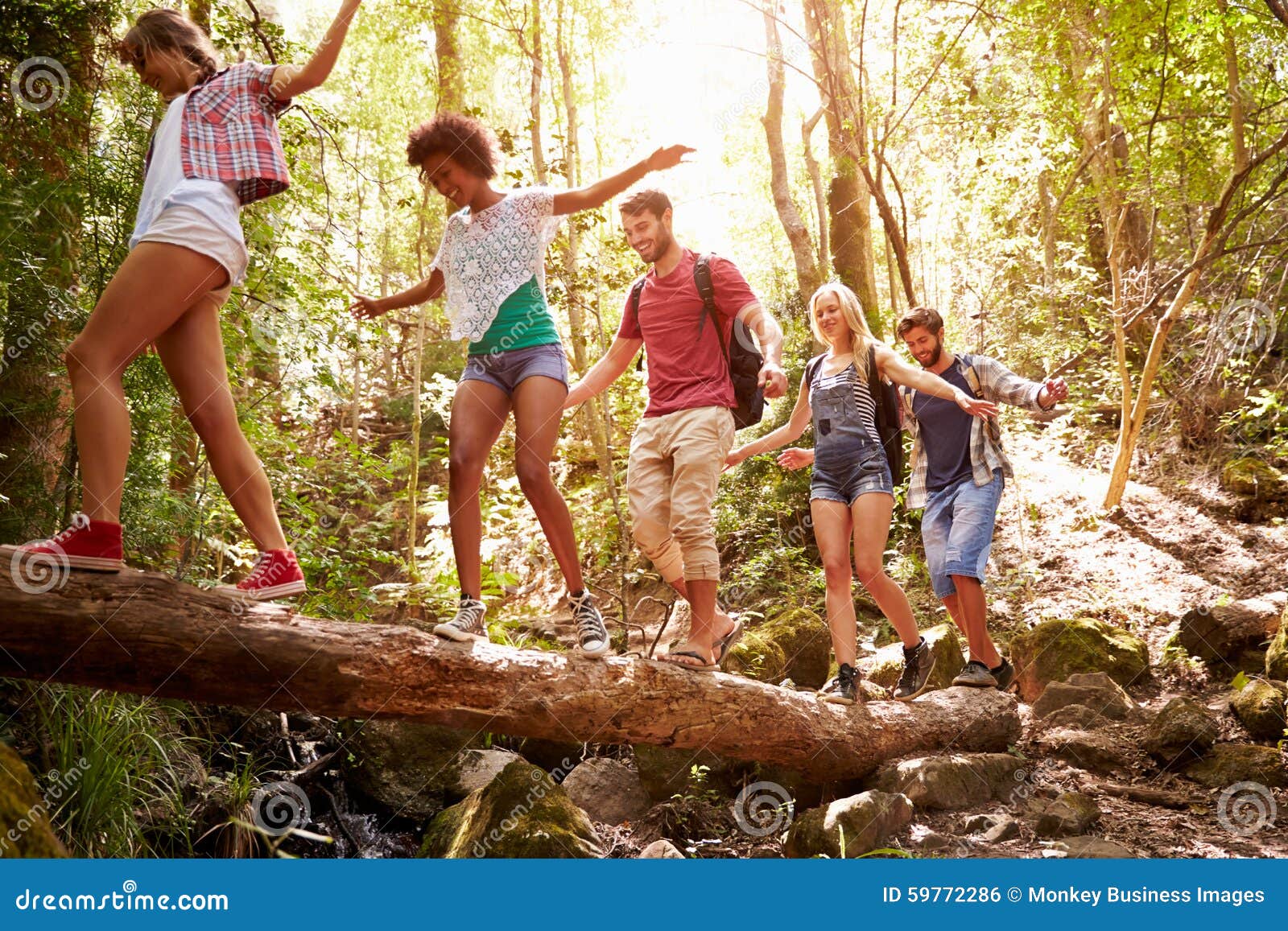 Group of Friends on Walk Balancing on Tree Trunk in Forest Stock Photo ...