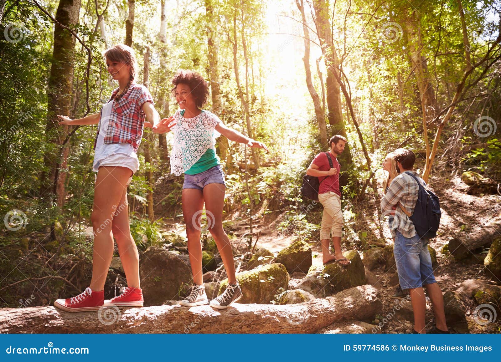 Group of Friends on Walk Balancing on Tree Trunk in Forest Stock Photo ...