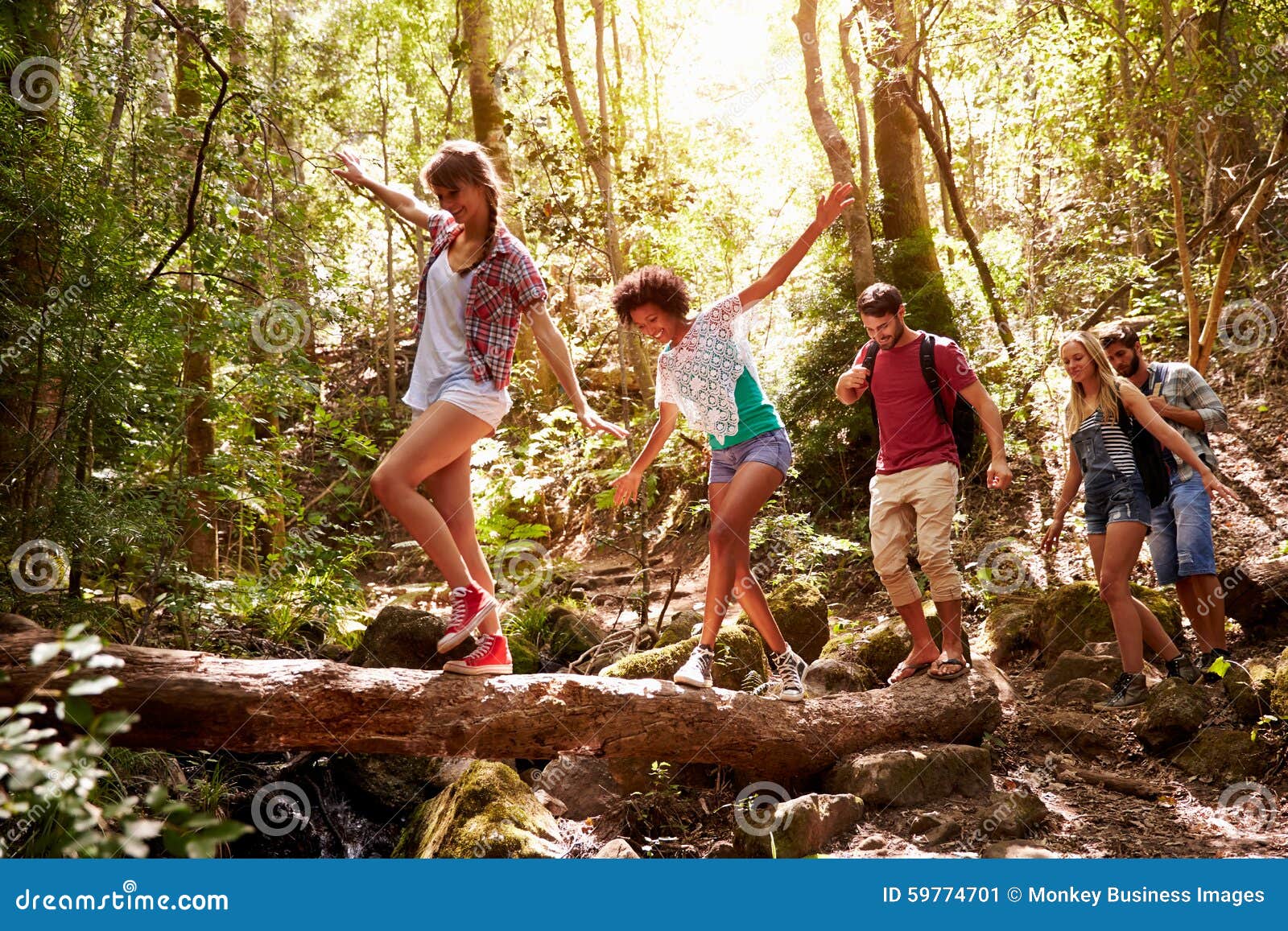 Group of Friends on Walk Balancing on Tree Trunk in Forest Stock Image ...