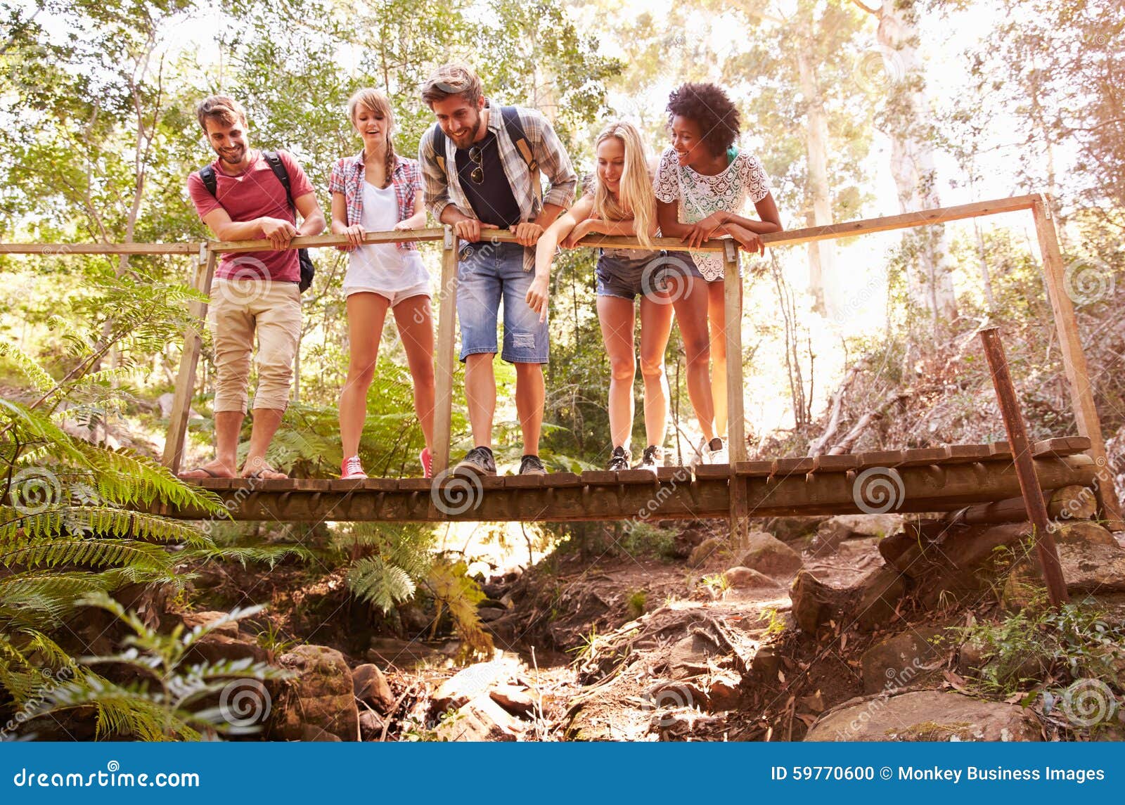 Group of Friends on Walk Crossing Wooden Bridge in Forest Stock Photo ...