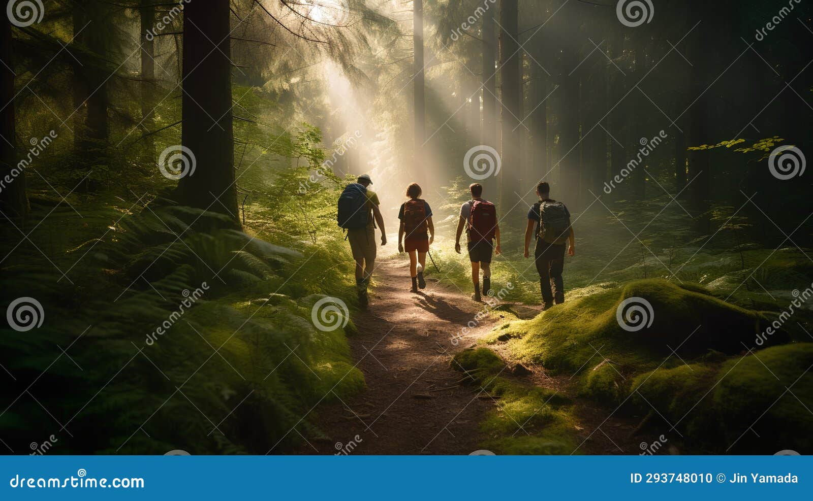 Group of Friends Walking on Trail in the Forest at Sunrise. Hiking ...