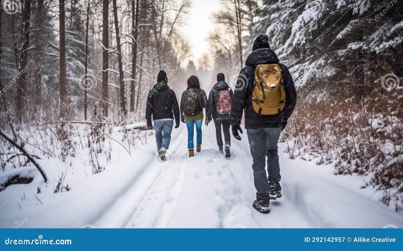 Group of Friends Walking in Winter Forest Stock Illustration ...
