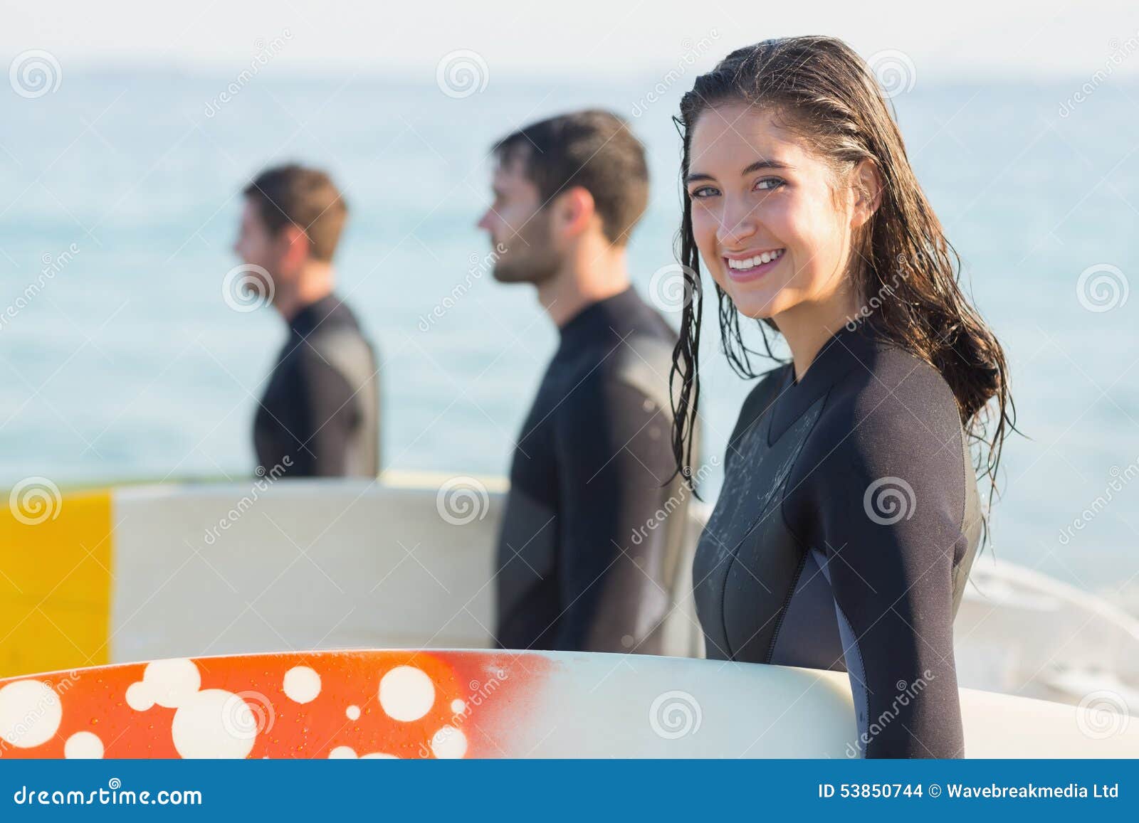 Group of Friends on Wetsuits with a Surfboard on a Sunny Day Stock ...