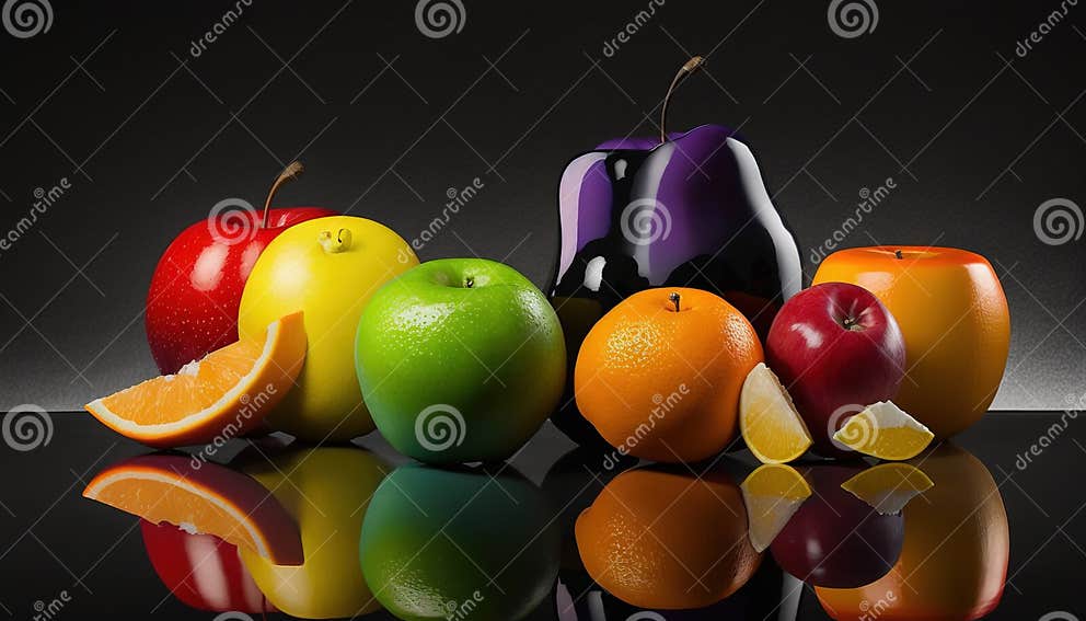 A Group of Fruit Sitting on Top of a Reflective Surface with a ...