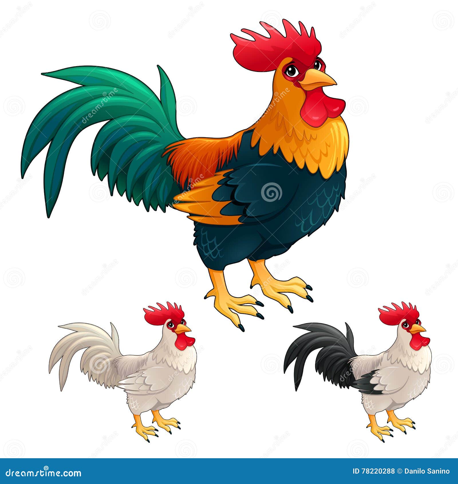 Funny Roosters In Different Poses Isolated On Background. Vector ...