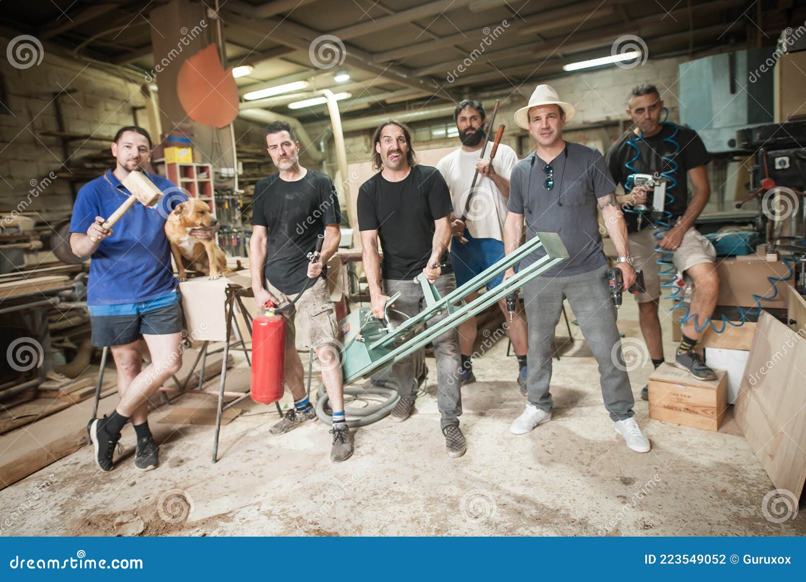 Group of Funny Workers Make Comedy and Posing with Tools Stock Photo ...