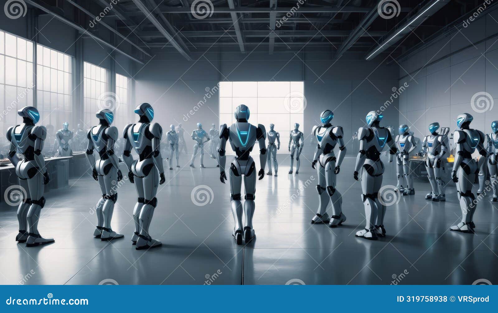 Group of Futuristic Robots in Assembly Hall Stock Photo - Image of ...