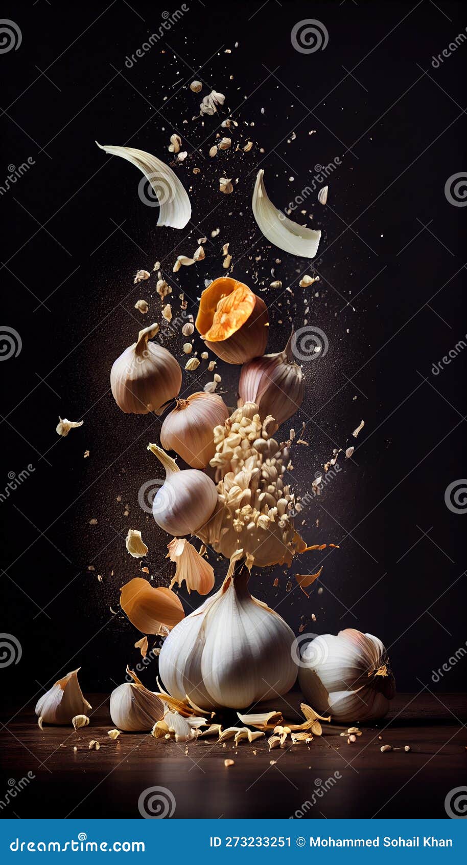 Garlic Falling In Air With Pepper And Herbs Like Rosemary On Turquoise ...