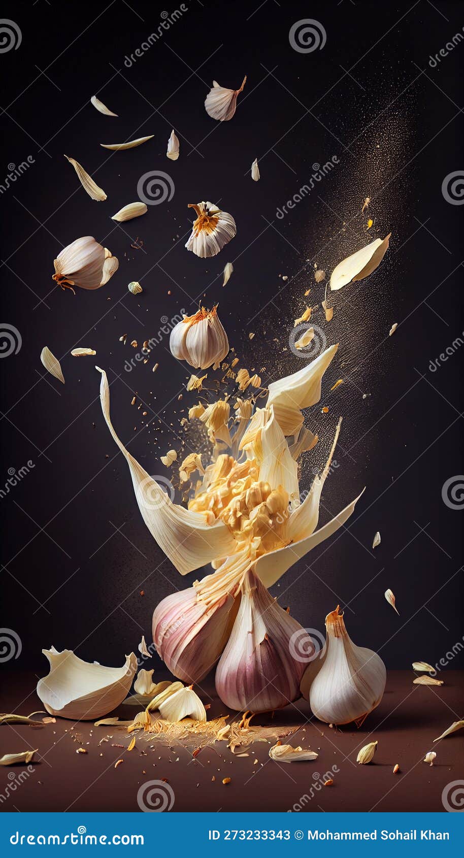 Garlic Falling In Air With Pepper And Herbs Like Rosemary On Turquoise ...