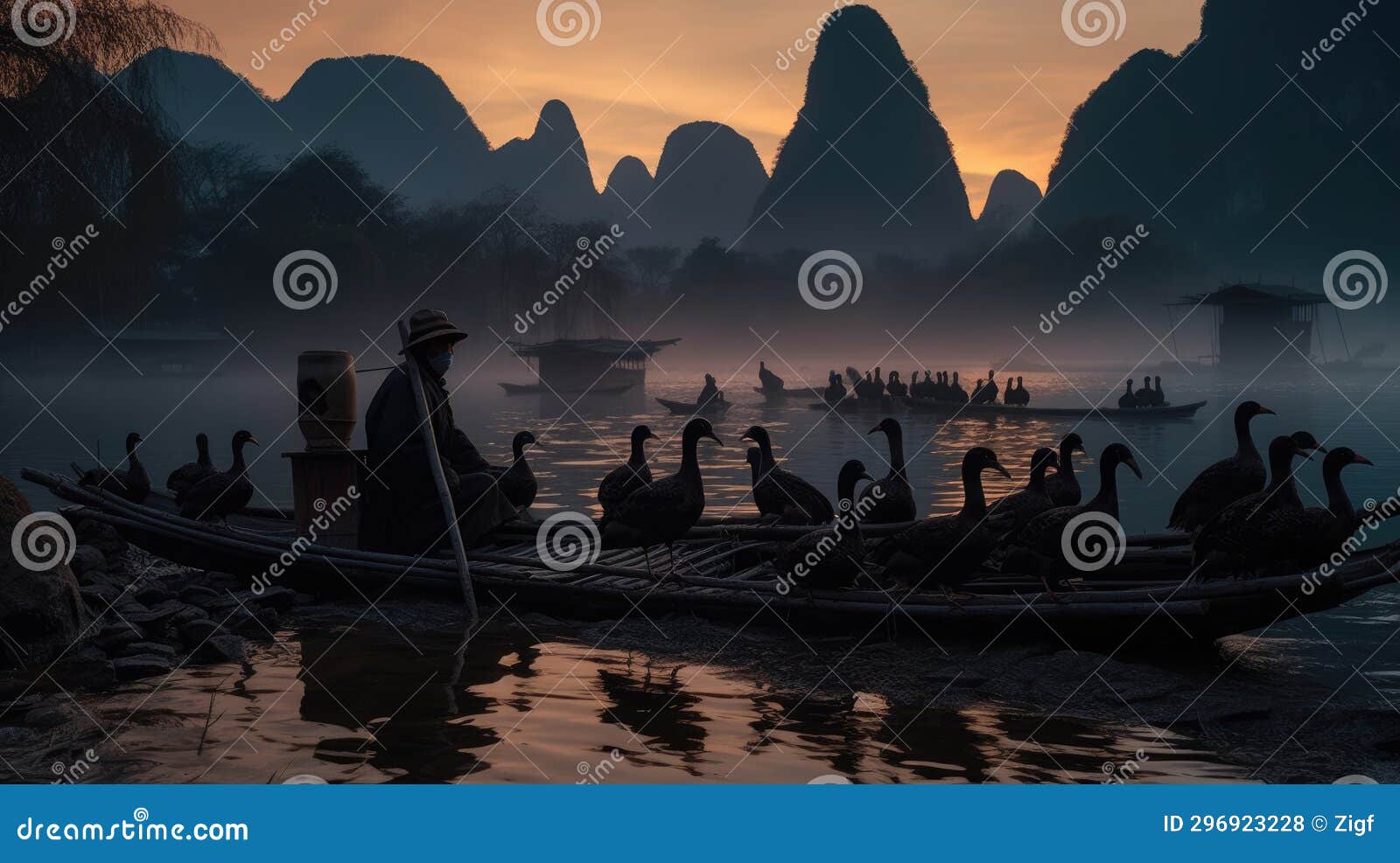 Group of Geese on a Boat in Front of Mountains Stock Illustration ...